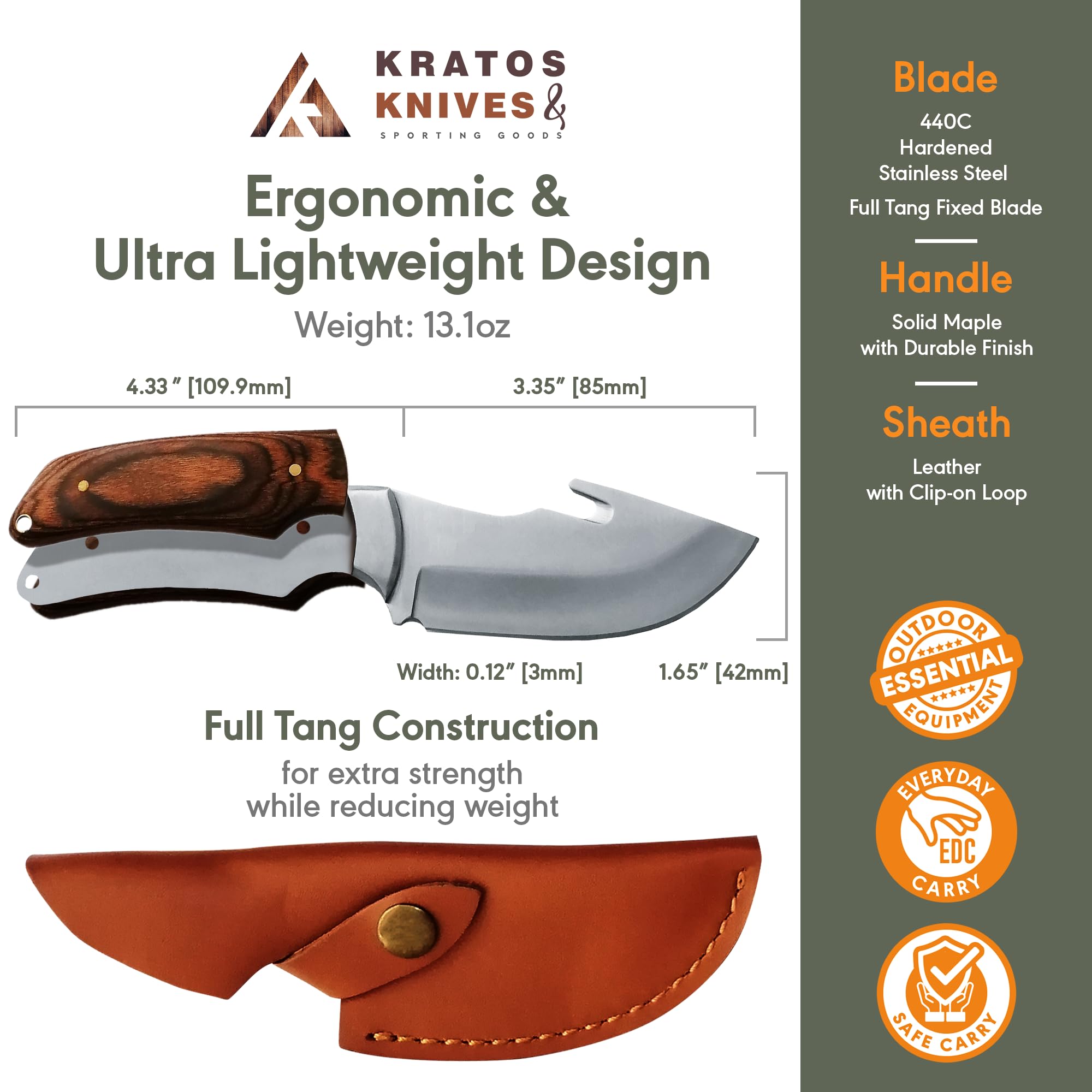 Hunting Knife with Gut Hook, 7.68" Gut Hook Hunting Knife with 440C Stainless Steel Outdoor Gut Hook Knives, Leather Sheath Included by Kratos - ZFS3