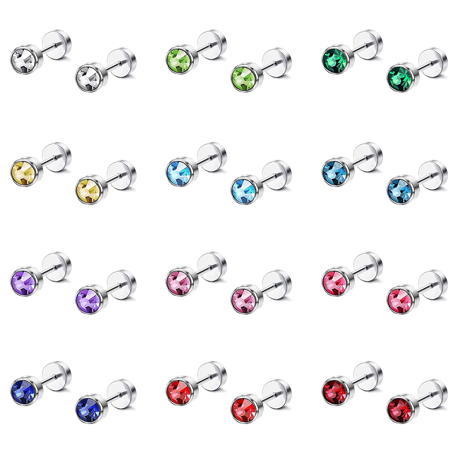 ZS 12 Pairs CZ Ear Stud Mixed Colors Cartilage Earrings Set Stainless Steel Barbell Studs Earrings Helix Tragus Piercing (Butterfly Push Backs,20g(0.8mm))