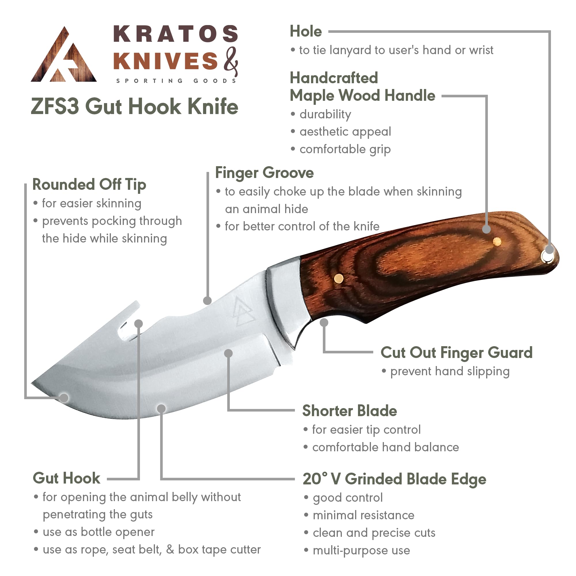 Hunting Knife with Gut Hook, 7.68" Gut Hook Hunting Knife with 440C Stainless Steel Outdoor Gut Hook Knives, Leather Sheath Included by Kratos - ZFS3