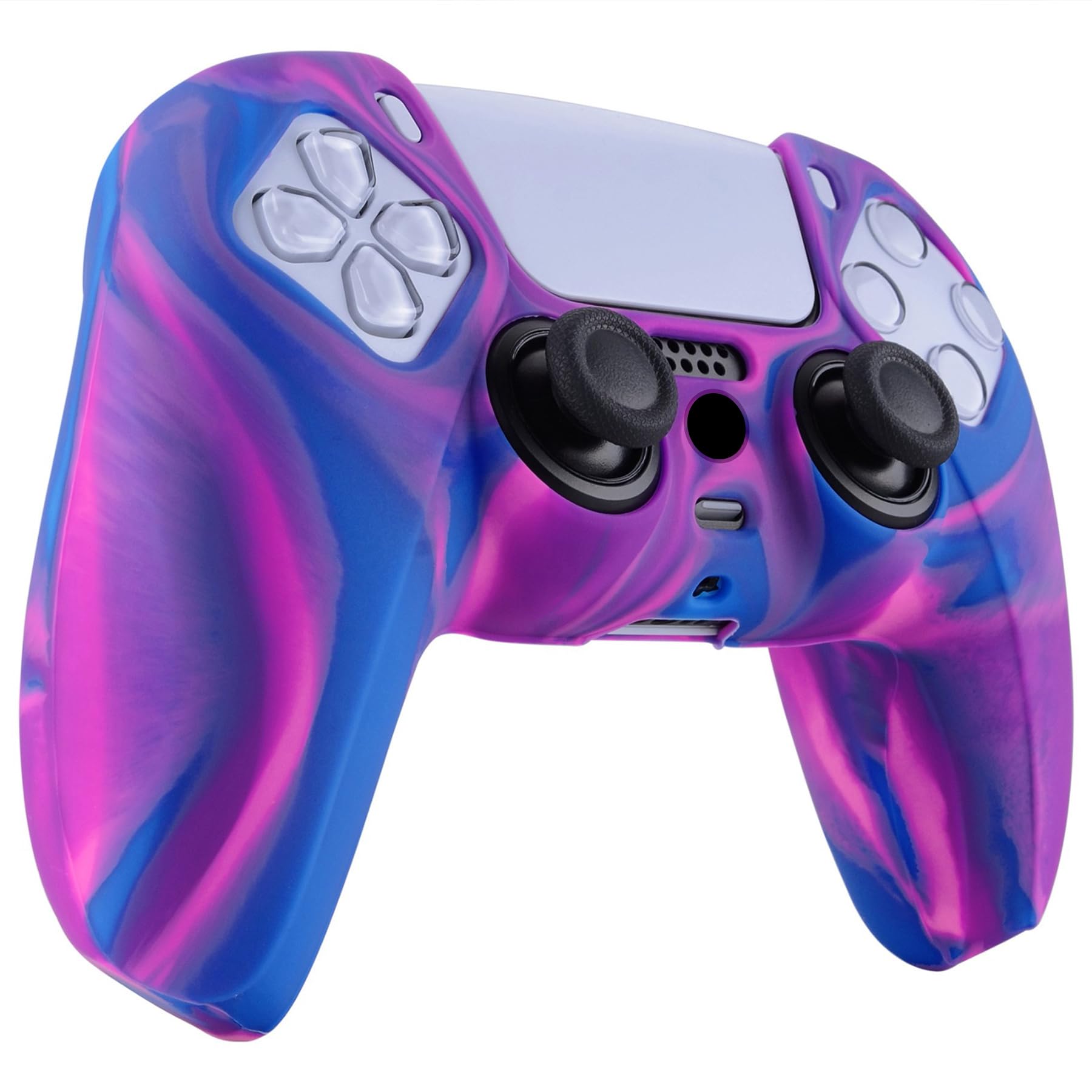 PlayVital Tri-Color Pink & Purple & Blue Camouflage Anti-Slip Silicone Cover Skin for ps5 Controller, Soft Rubber Case for PS5 Wireless Controller with Black Thumb Grip Caps