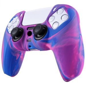 PlayVital Tri-Color Pink & Purple & Blue Camouflage Anti-Slip Silicone Cover Skin for ps5 Controller, Soft Rubber Case for PS5 Wireless Controller with Black Thumb Grip Caps