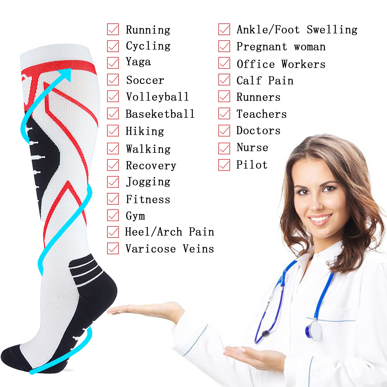 YiG Compression Socks 20-30mmHg for Women & Men, Best for Sports, Sports, Nursing, Cycling, Fitness (White and Black)