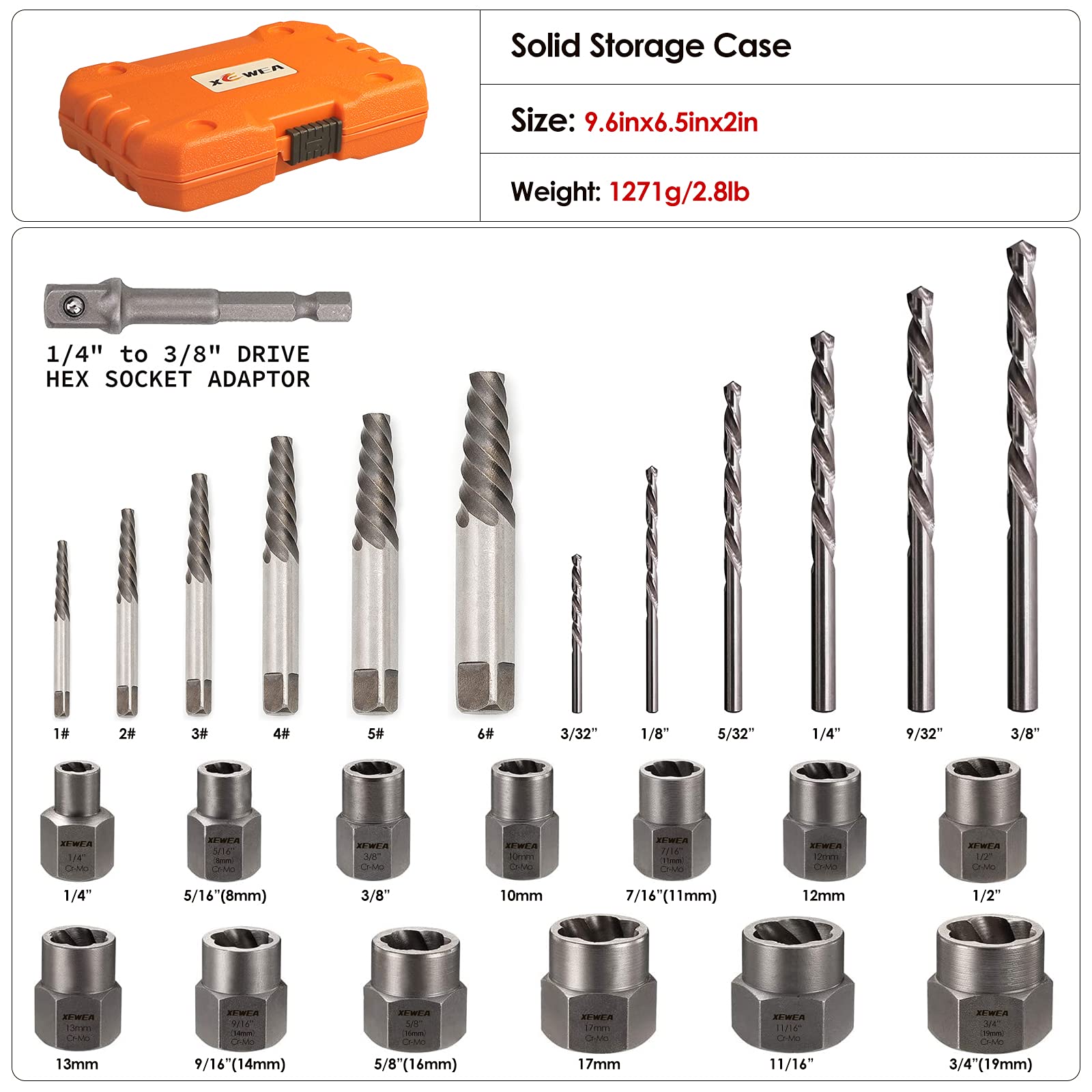 XEWEA 26Pcs Screw & Bolt Extractor Set and Right Drill Bit Set, Easy Out Broken Lug Nut Extraction Socket Kit Tool for Damaged, Frozen,Studs,Rusted, Rounded-Off Bolts, Nuts & Screws