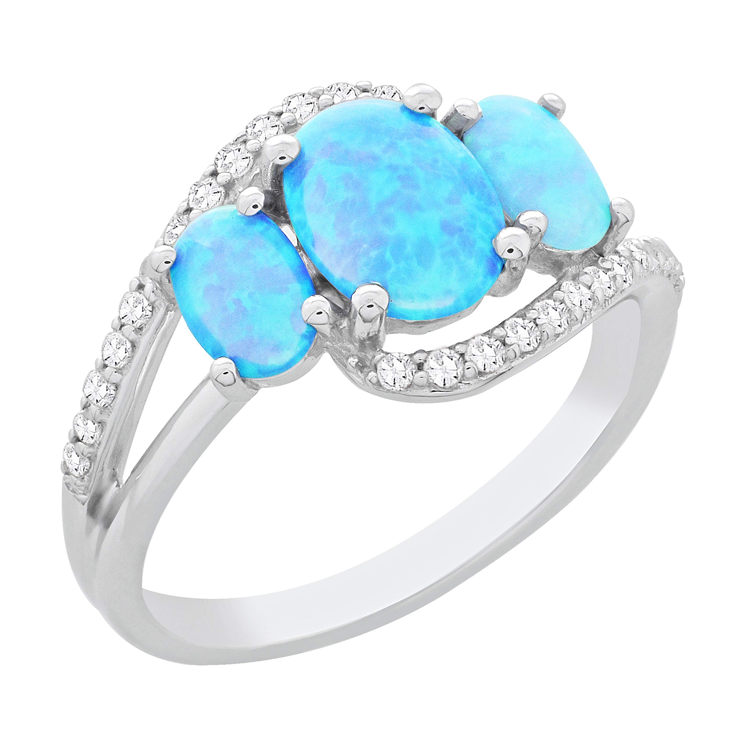 .925 Sterling Silver, Oval Lab Grown Blue Opal Cabochons & Lab Grown White Sapphire Faux Bypass 3 Stone Split Shank Statement Ring - Size 7