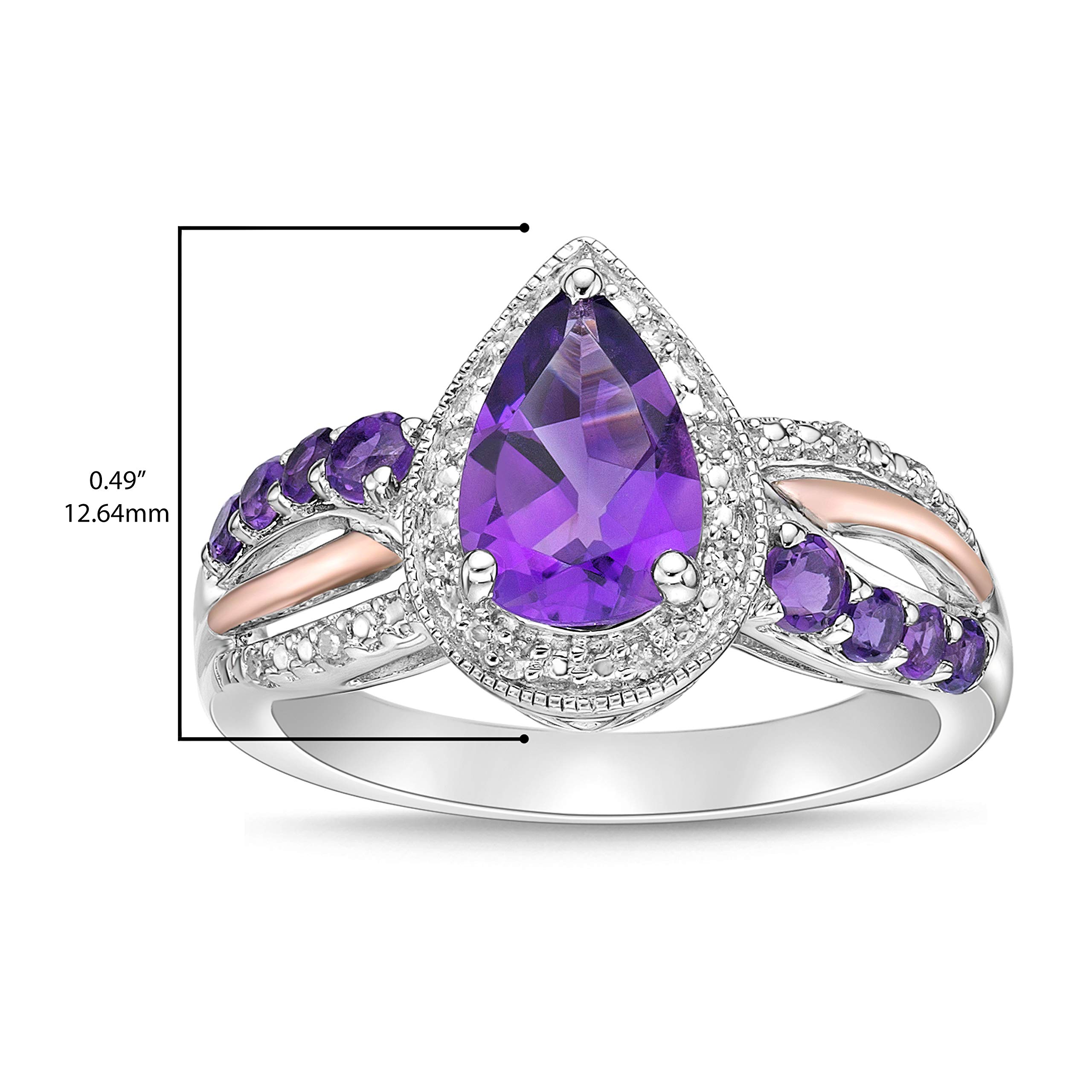 Two Tone 10K Rose Gold & .925 Sterling Silver, Pear Cut Amethyst with Diamond Accented Halo Twist Engagement Ring (I Color, I3 Clarity) - Size 7