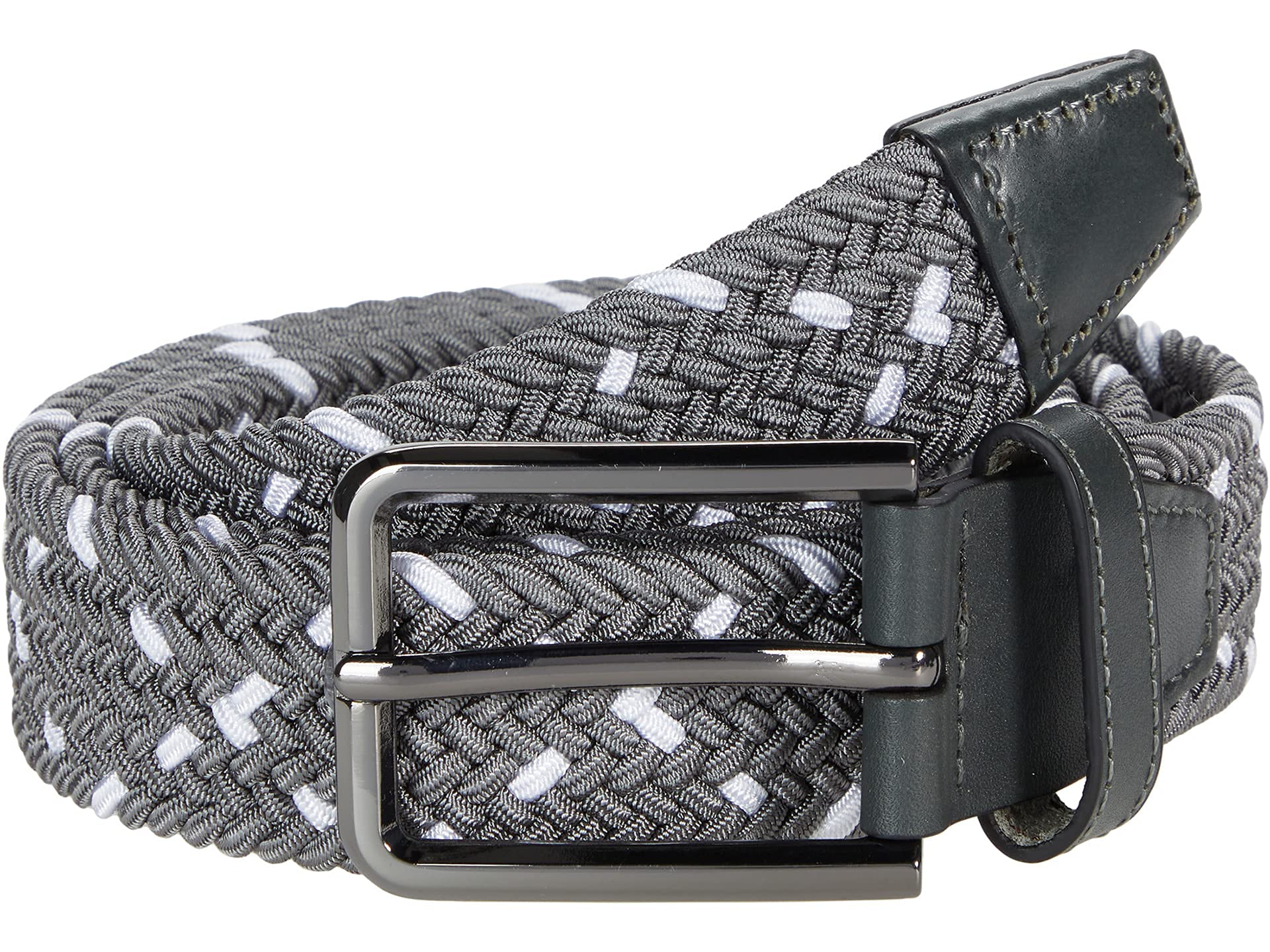 Johnston & Murphy Leather Woven Belt Gray/White 36