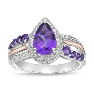 two tone 10k rose gold & .925 sterling silver, pear cut amethyst with diamond accented halo twist engagement ring (i color, i3 clarity) - size 7