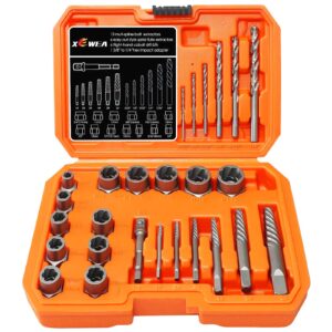 xewea 26pcs screw & bolt extractor set and right drill bit set, easy out broken lug nut extraction socket kit tool for damaged, frozen,studs,rusted, rounded-off bolts, nuts & screws