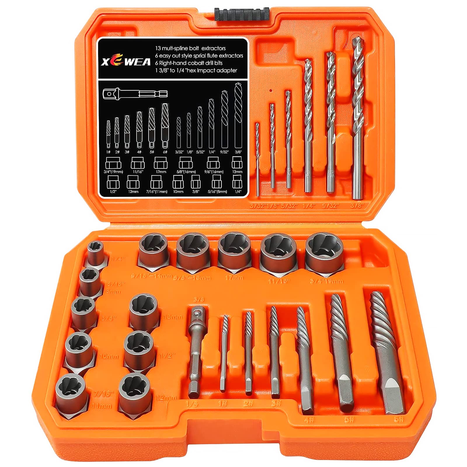 XEWEA 26Pcs Screw & Bolt Extractor Set and Right Drill Bit Set, Easy Out Broken Lug Nut Extraction Socket Kit Tool for Damaged, Frozen,Studs,Rusted, Rounded-Off Bolts, Nuts & Screws