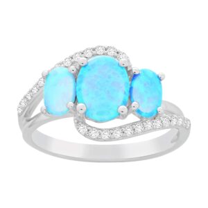 .925 sterling silver, oval lab grown blue opal cabochons & lab grown white sapphire faux bypass 3 stone split shank statement ring - size 7