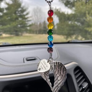 “I'll Meet You at The Rainbow Bridge” and Large Angel Wings Charms with Rainbow Colored Czech Glass Beads Rear View Mirror Car Charm, Memorial Pet Remembrance