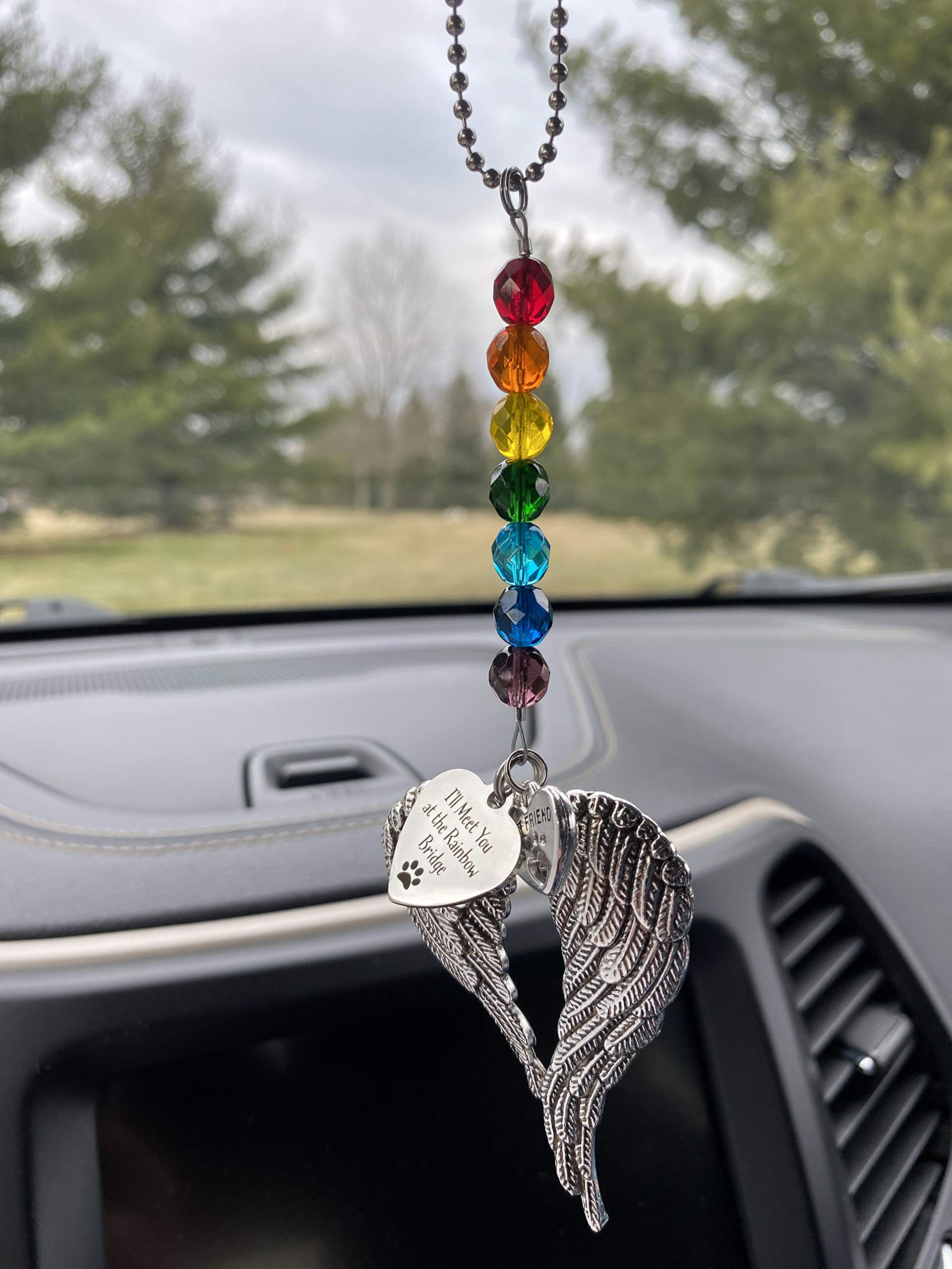 “I'll Meet You at The Rainbow Bridge” and Large Angel Wings Charms with Rainbow Colored Czech Glass Beads Rear View Mirror Car Charm, Memorial Pet Remembrance