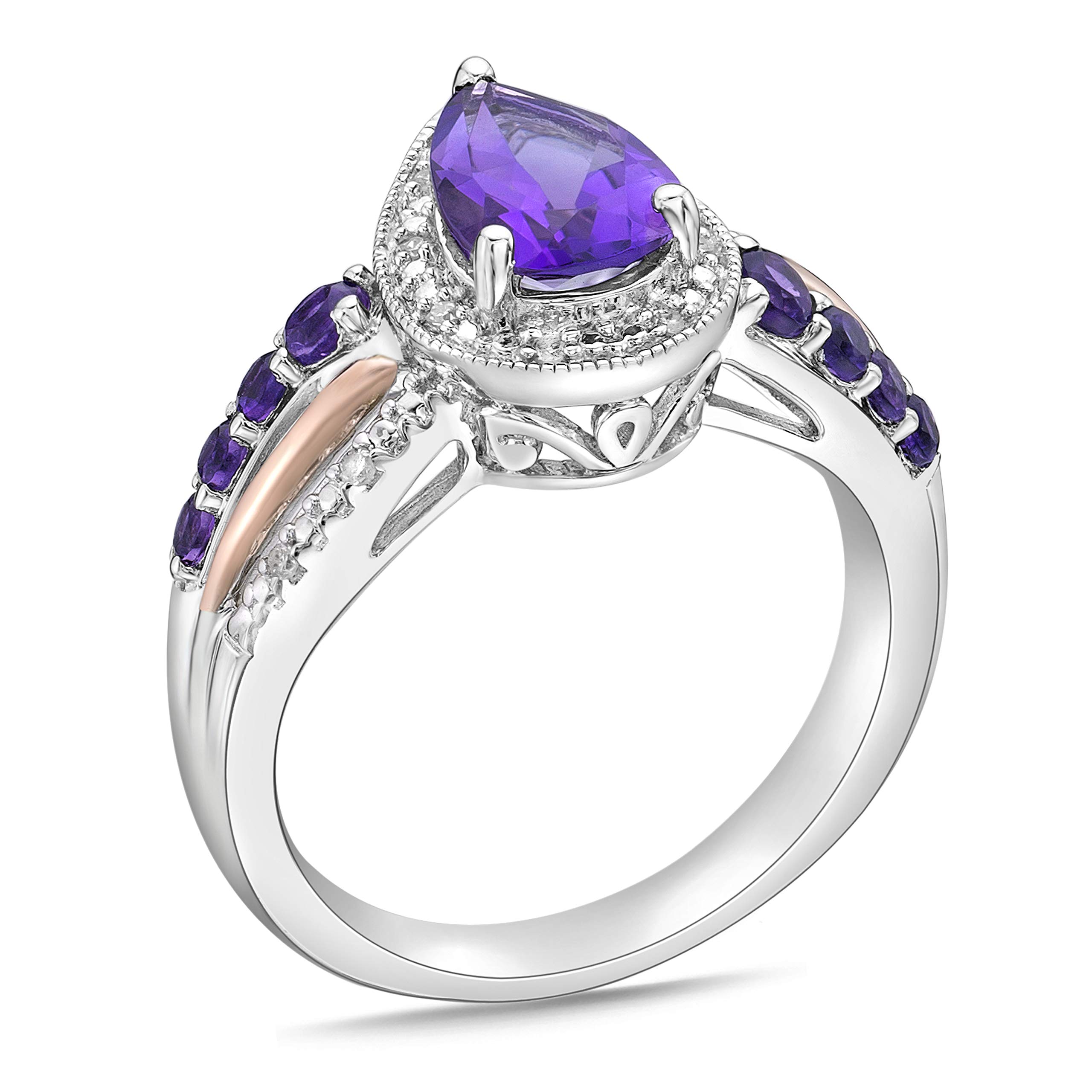 Two Tone 10K Rose Gold & .925 Sterling Silver, Pear Cut Amethyst with Diamond Accented Halo Twist Engagement Ring (I Color, I3 Clarity) - Size 7