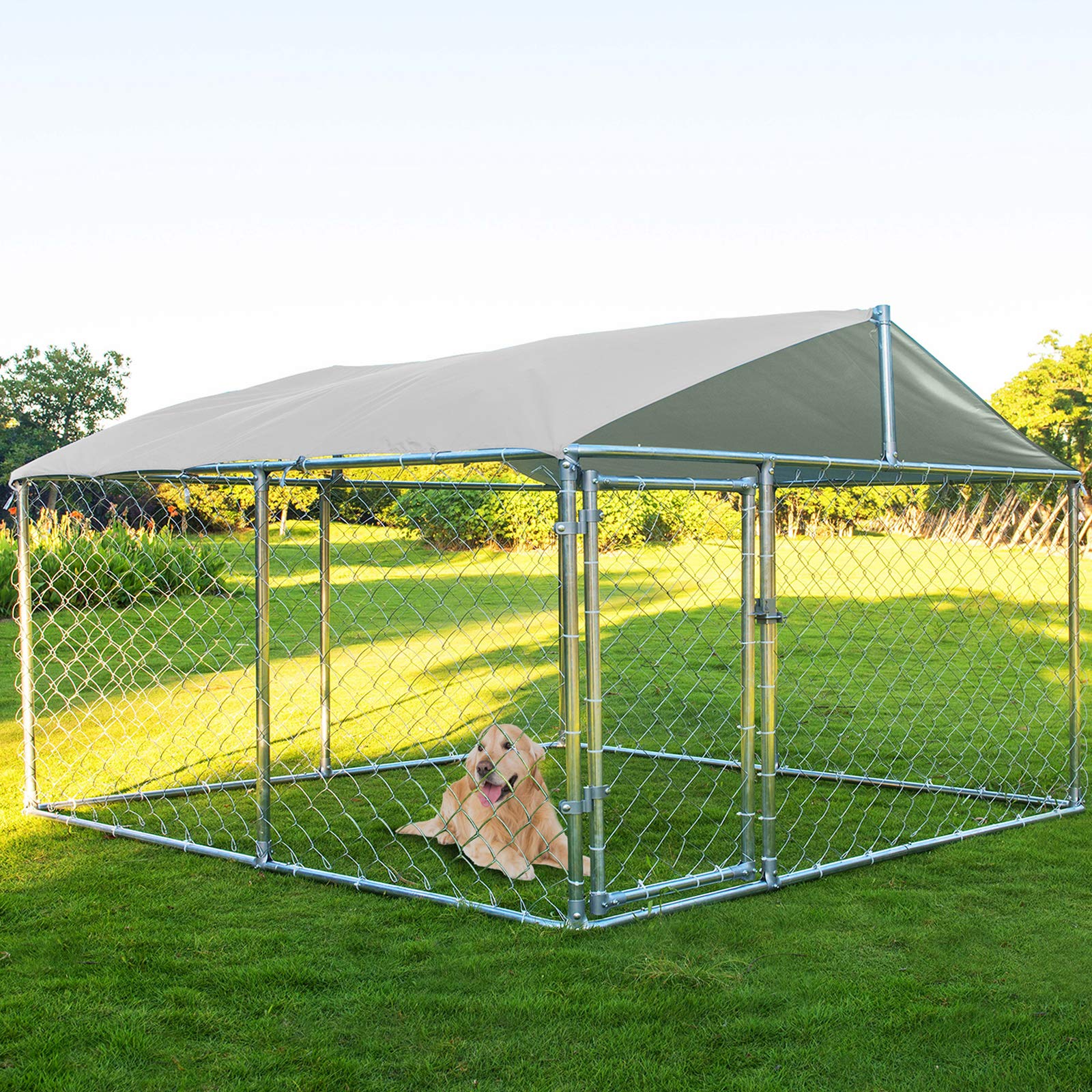 MAGIC UNION Dog Kennel Outdoor Metal Dog Cage Outside Dog Fence Pet Enclosure Fencing with Water-Resistant Cover Roof Backyard Dog Run House (Basic)