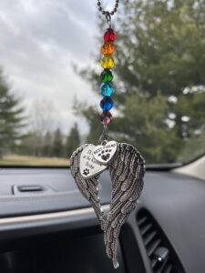 “i'll meet you at the rainbow bridge” and large angel wings charms with rainbow colored czech glass beads rear view mirror car charm, memorial pet remembrance