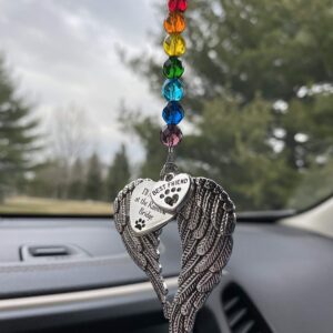 “I'll Meet You at The Rainbow Bridge” and Large Angel Wings Charms with Rainbow Colored Czech Glass Beads Rear View Mirror Car Charm, Memorial Pet Remembrance