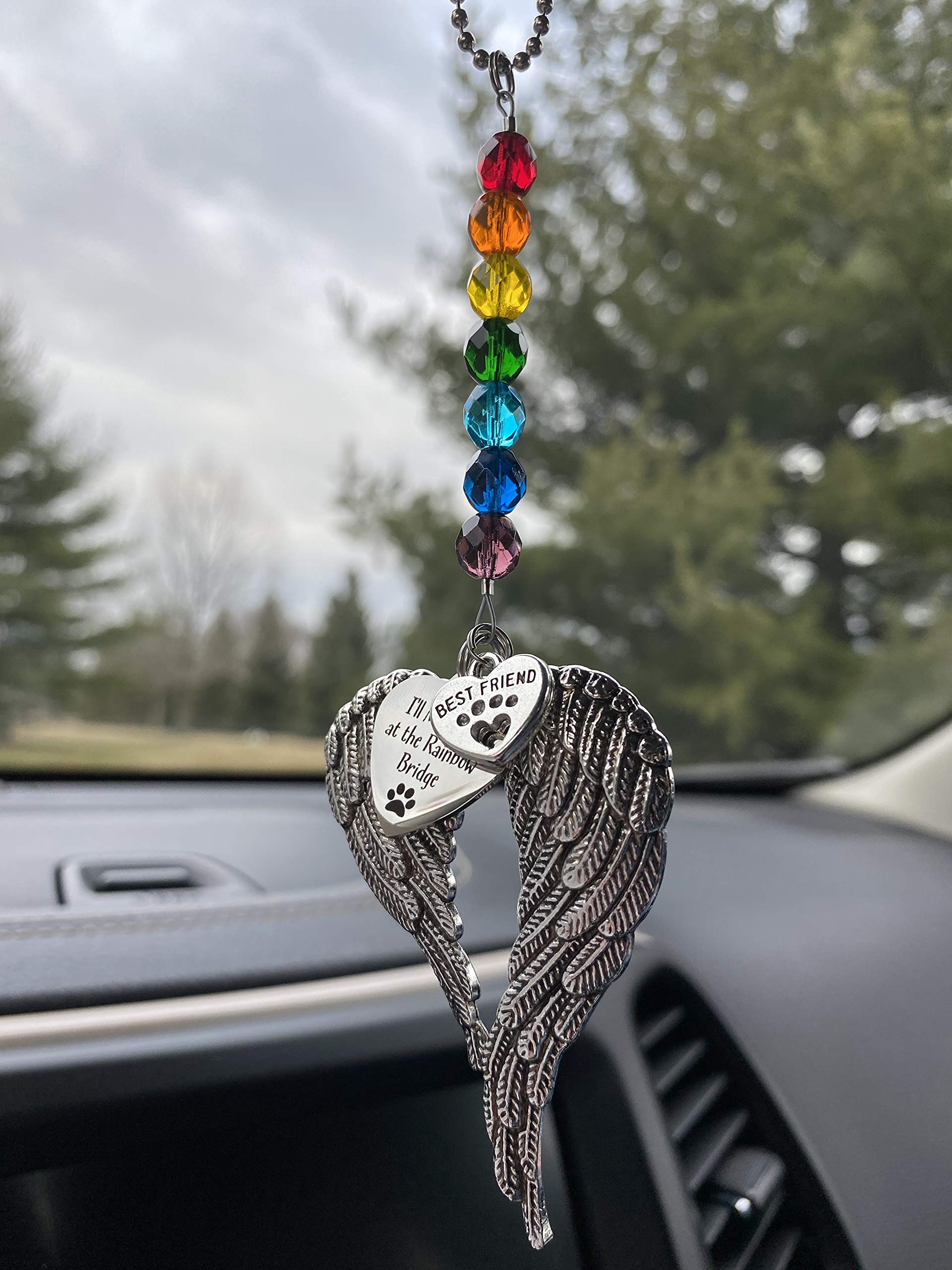 “I'll Meet You at The Rainbow Bridge” and Large Angel Wings Charms with Rainbow Colored Czech Glass Beads Rear View Mirror Car Charm, Memorial Pet Remembrance