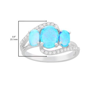 .925 Sterling Silver, Oval Lab Grown Blue Opal Cabochons & Lab Grown White Sapphire Faux Bypass 3 Stone Split Shank Statement Ring - Size 7