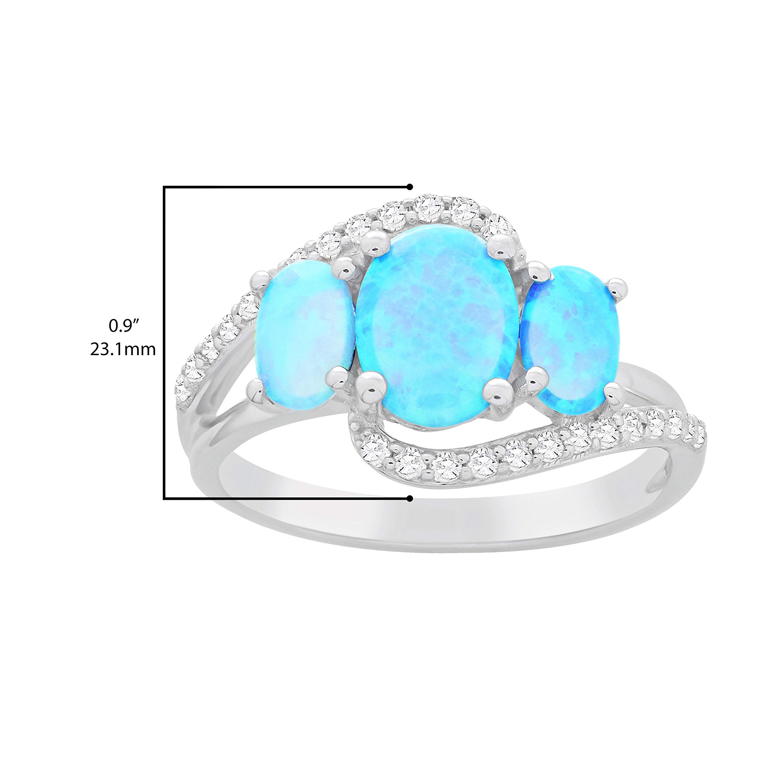 .925 Sterling Silver, Oval Lab Grown Blue Opal Cabochons & Lab Grown White Sapphire Faux Bypass 3 Stone Split Shank Statement Ring - Size 7