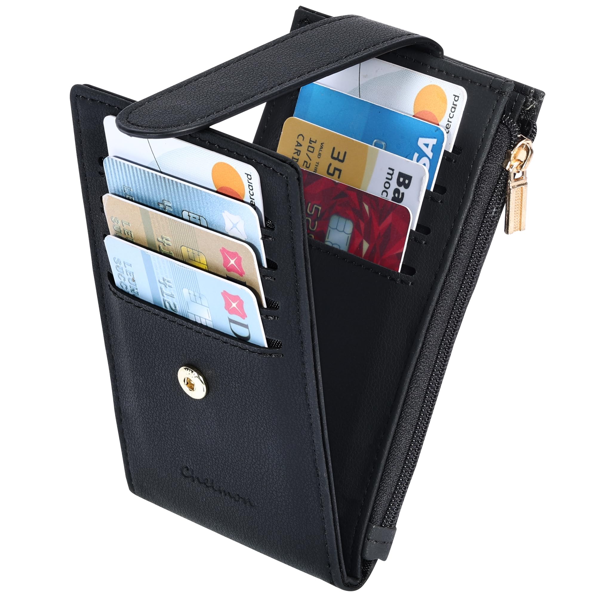 Chelmon Womens Wallet Slim RFID Blocking Bifold Multi Card Case Wallet with Zipper Pocket (Black Smooth)