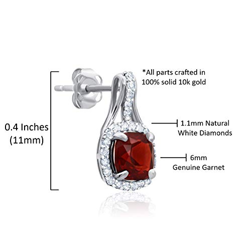 MAX + STONE 10k White Gold Cushion Cut Red Garnet Drop Earrings with Push Backs for Women with 1/3 Carat Diamonds and January Birthstone