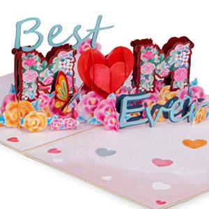 paper love 3d pop up mothers day card, best mom ever, for mom, wife - 5" x 7" cover - includes envelope and note tag