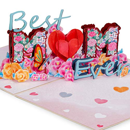 Paper Love 3D Pop Up Mothers Day Card, Best Mom Ever, For Mom, Wife - 5" x 7" Cover - Includes Envelope and Note Tag