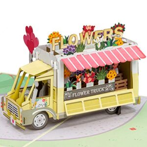 paper love flower truck 3d pop up card, gift for birthday, wedding, anniversary, thank you, get well, all occasion or just because - 5" x 7" cover - includes envelope and note tag