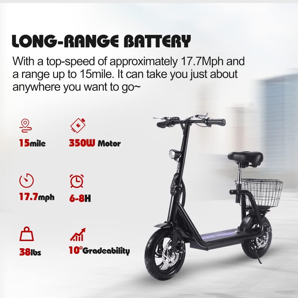 TOXOZERS Electric Scooter with Padded Seat - 500w Brushless Motor - 36V10Ah Lithium Ion - Up to 15 mph - 10~15Mile Range(weight dependent) - Wheel Drive - shopping basket - 12" Air-Filled Tires(Black)