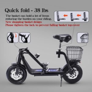 TOXOZERS Electric Scooter with Padded Seat - 500w Brushless Motor - 36V10Ah Lithium Ion - Up to 15 mph - 10~15Mile Range(weight dependent) - Wheel Drive - shopping basket - 12" Air-Filled Tires(Black)