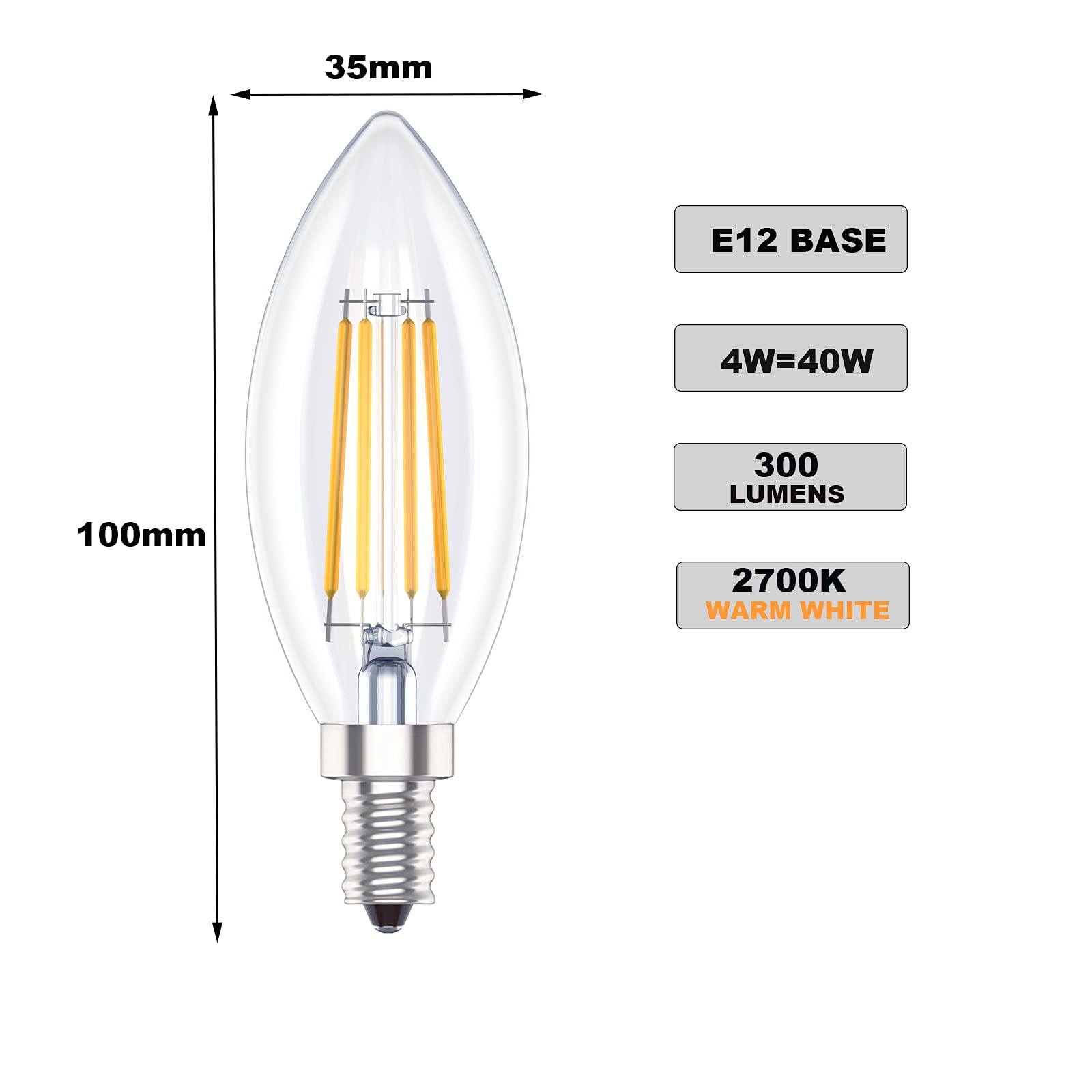 Ligheet E12 Led Bulb 4W,40 Watt Equivalent Candelabra Ceiling Fan Light Bulbs,Soft White 2700K,Non-Dimmable, Pack of 4