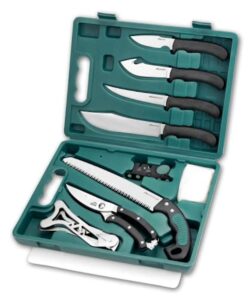 outdoor edge game-pro 11-piece butcher knife set | caping & boning knives, skinning knife, bone saw, game shears, knife sharpener & rib spreader in hard-side case | essential deer & elk hunting gear