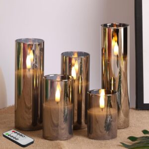 eywamage 5 pack grey glass flameless candles with remote, flickering slim tall led pillar votive candles battery included