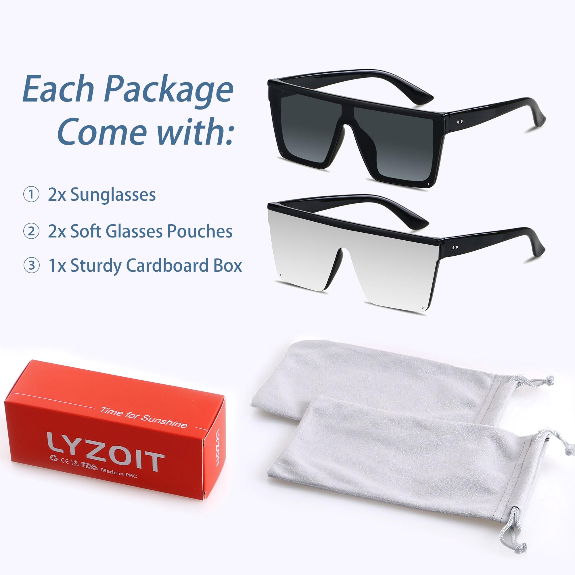 LYZOIT Square Oversized Sunglasses for Women Men Big Flat Top 2 pack Fashion Shield Large UV Protection Rimless Shade Silver Mirrored Sun glasses