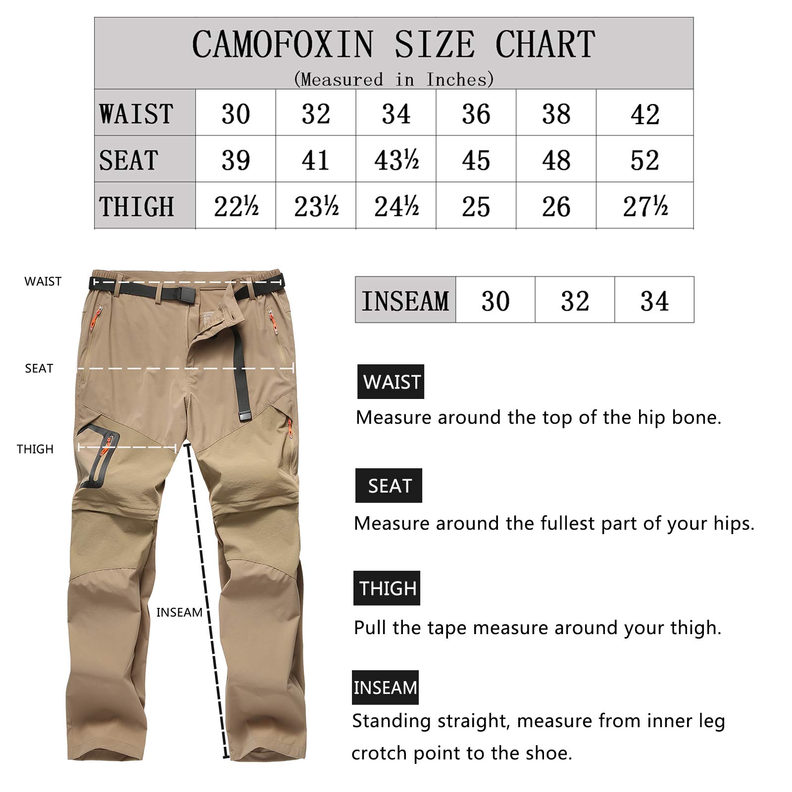 CAMOFOXIN Men's Hiking Pants Outdoor Convertible Quick Dry Fishing Pants & Shorts (Khaki, 30W X 30L)