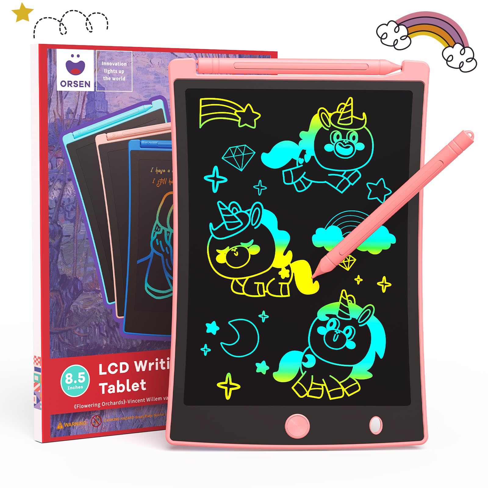 ORSEN Colorful 8.5 Inch LCD Writing Tablet for Kids, Electronic Sketch Drawing Pad Doodle Board, Toddler Travel Learning Educational Toys Activity Games Birthday Gifts for 3 4 5 6 7 8 Year Old Girls