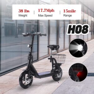 TOXOZERS Electric Scooter with Padded Seat - 500w Brushless Motor - 36V10Ah Lithium Ion - Up to 15 mph - 10~15Mile Range(weight dependent) - Wheel Drive - shopping basket - 12" Air-Filled Tires(Black)