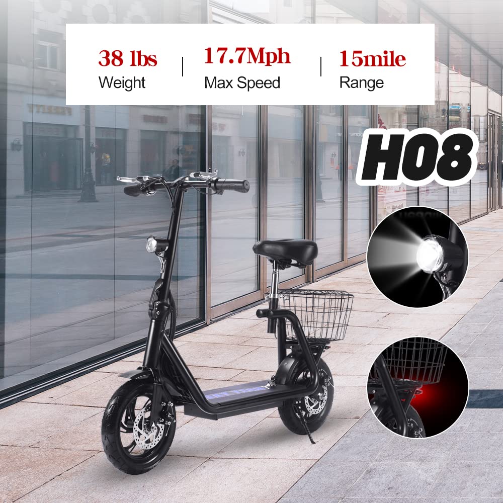 TOXOZERS Electric Scooter with Padded Seat - 500w Brushless Motor - 36V10Ah Lithium Ion - Up to 15 mph - 10~15Mile Range(weight dependent) - Wheel Drive - shopping basket - 12" Air-Filled Tires(Black)