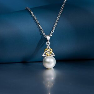 FANCIME June Birthstone Necklace Sterling Silver Celtic Knot Pearl Necklace 9-10mm Genuine White Freshwater Pearl Fine Jewelry for Women