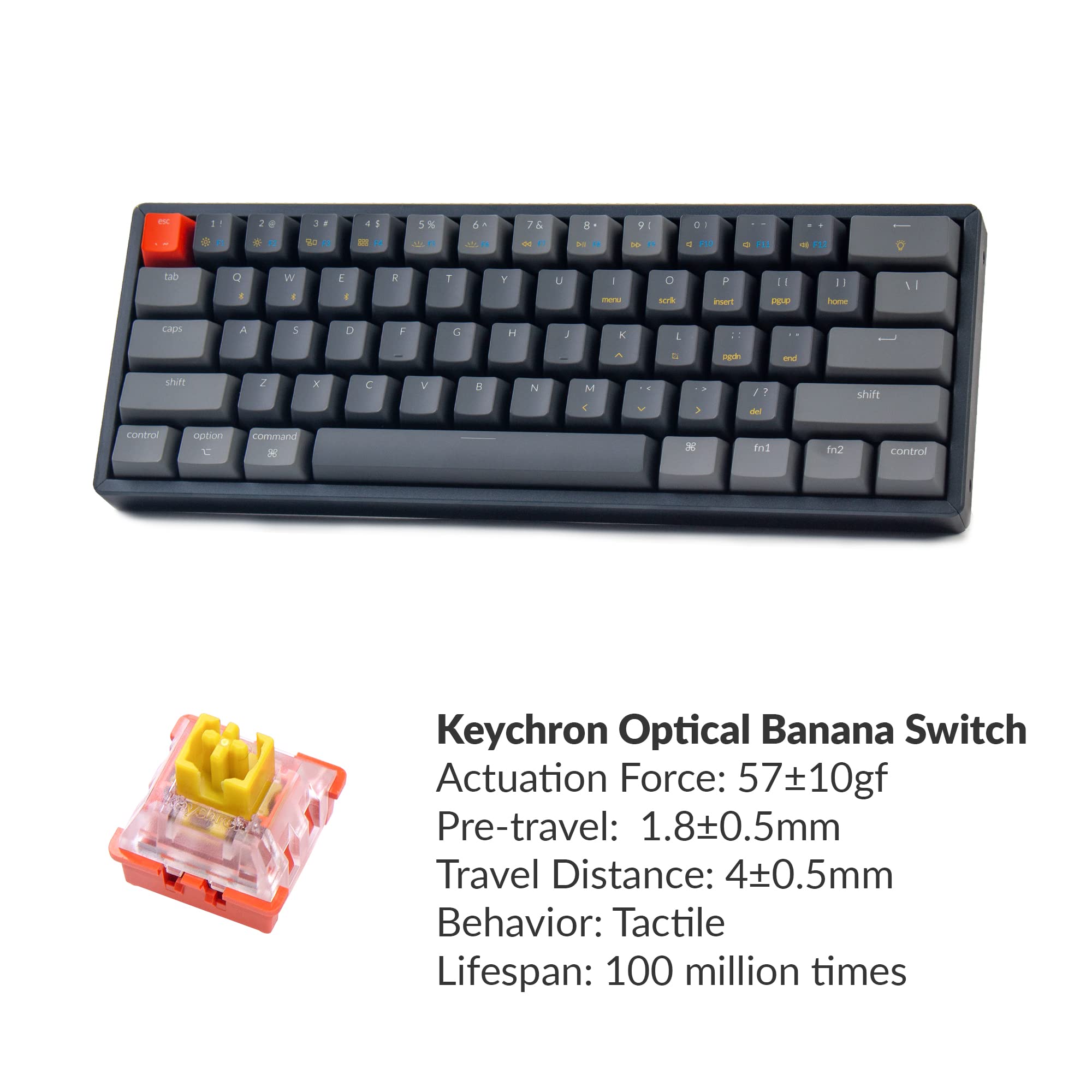 Keychron K12 60% Layout Bluetooth Wireless/Wired Hot-swappable Mechanical Keyboard with Optical Banana Switch, Compact 61 Keys RGB Backlit Keyboard Aluminum Frame Compatible with Mac Windows