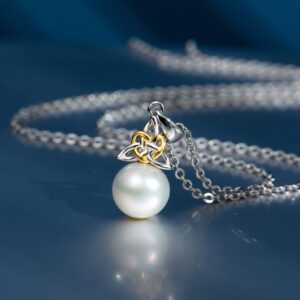 FANCIME June Birthstone Necklace Sterling Silver Celtic Knot Pearl Necklace 9-10mm Genuine White Freshwater Pearl Fine Jewelry for Women