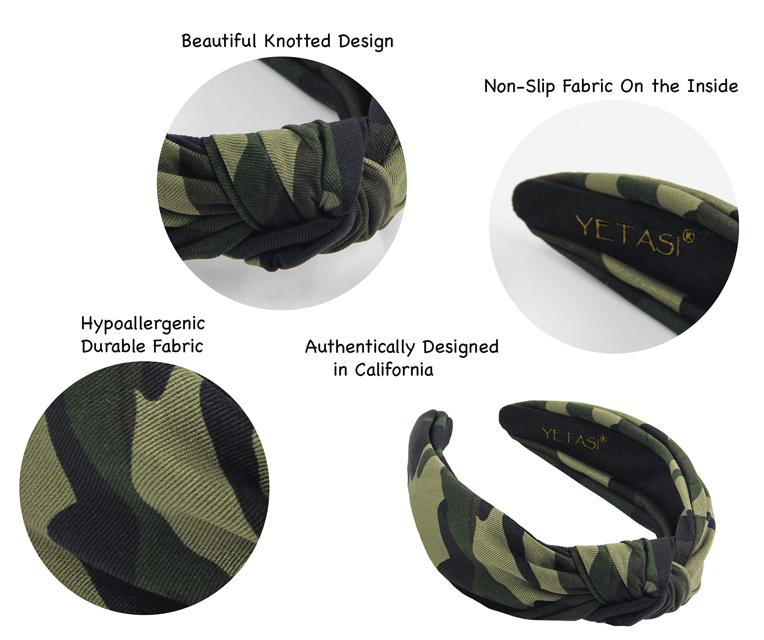 YETASI Headbands for Women Knotted Headband for Women Green Camo is Chic. Top Knot Headband Designer is Unique. Fashion Headbands with Knot Head band