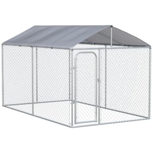 pawhut large dog kennel outside, heavy duty dog cage with waterproof cover, outdoor fence dog run with galvanized chain link, secure lock, 13' x 7.5' x 7.5'