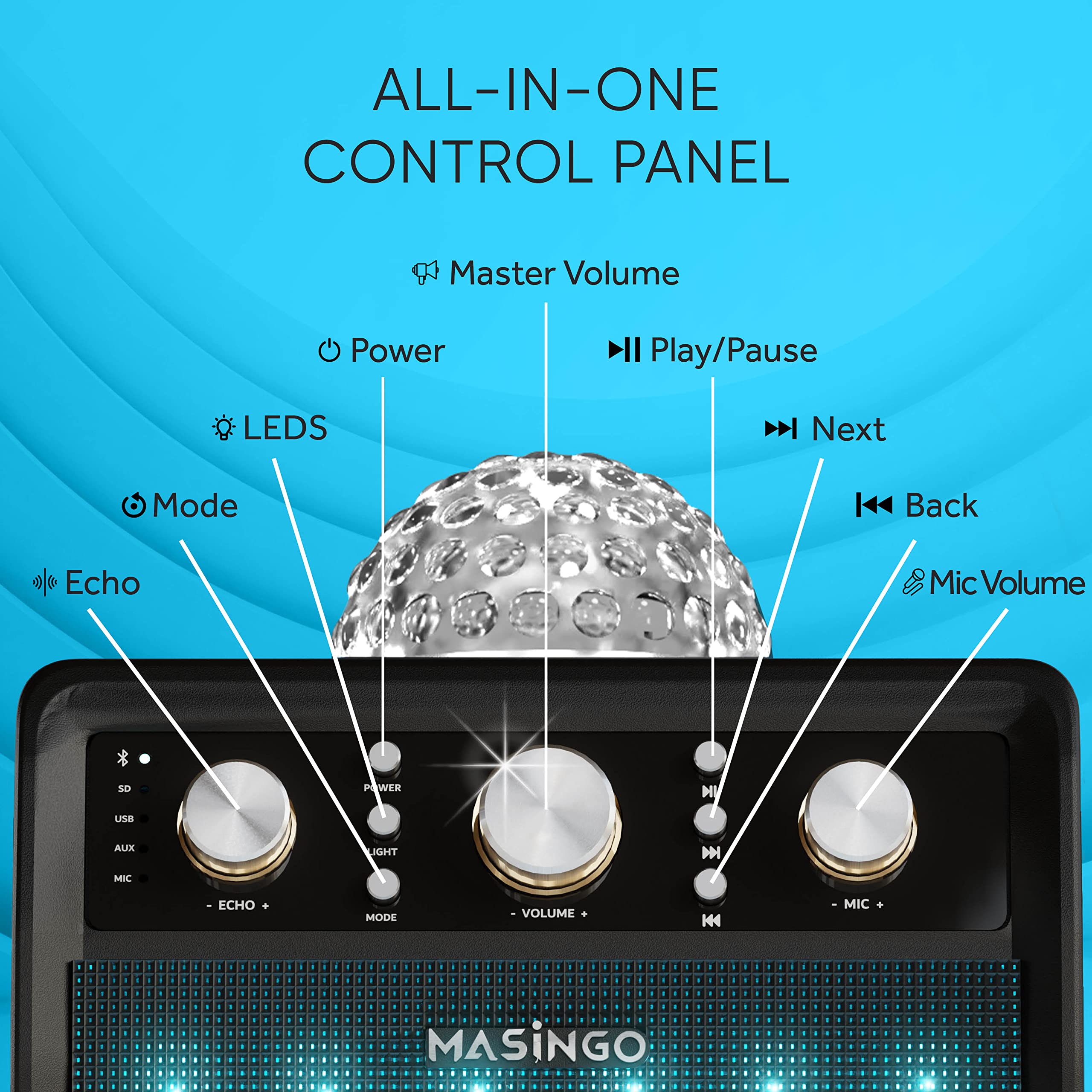 MASINGO Karaoke Machine for Adults and Kids with 2 Wireless Microphones, Portable Singing PA Speaker System Set with 2 Bluetooth Mics, Disco Ball Party Lights & TV Cable, Ostinato M7