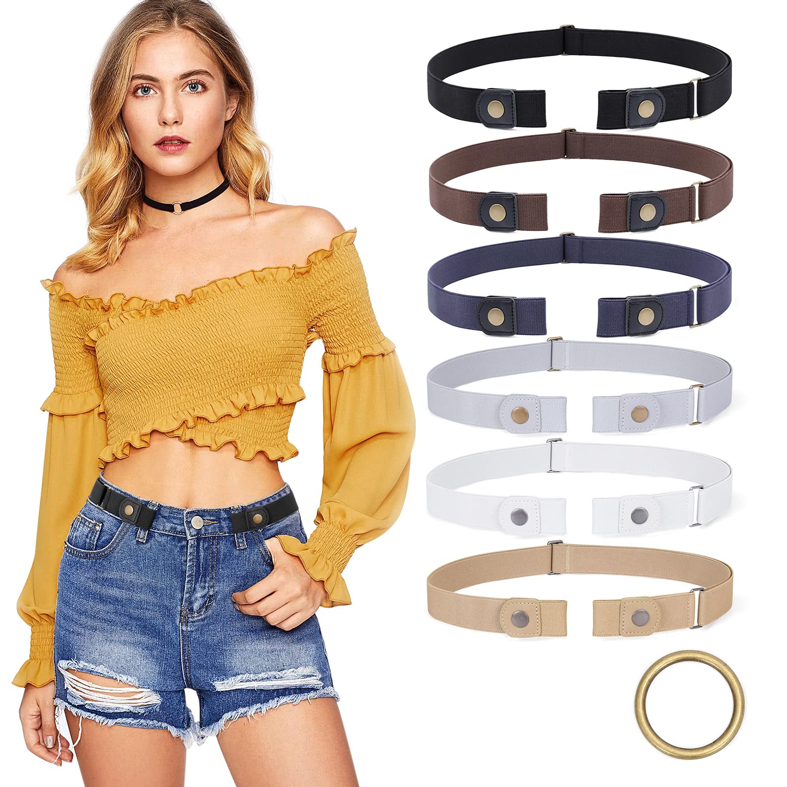 XZQTIVE 6 Pieces No Buckle Stretch Belt for Women Men, Buckless Belt Comfortable Invisible Elastic Belt for Jeans Pants Dresses, No Bulge No Hassle, Fit Waist Size 36-50in