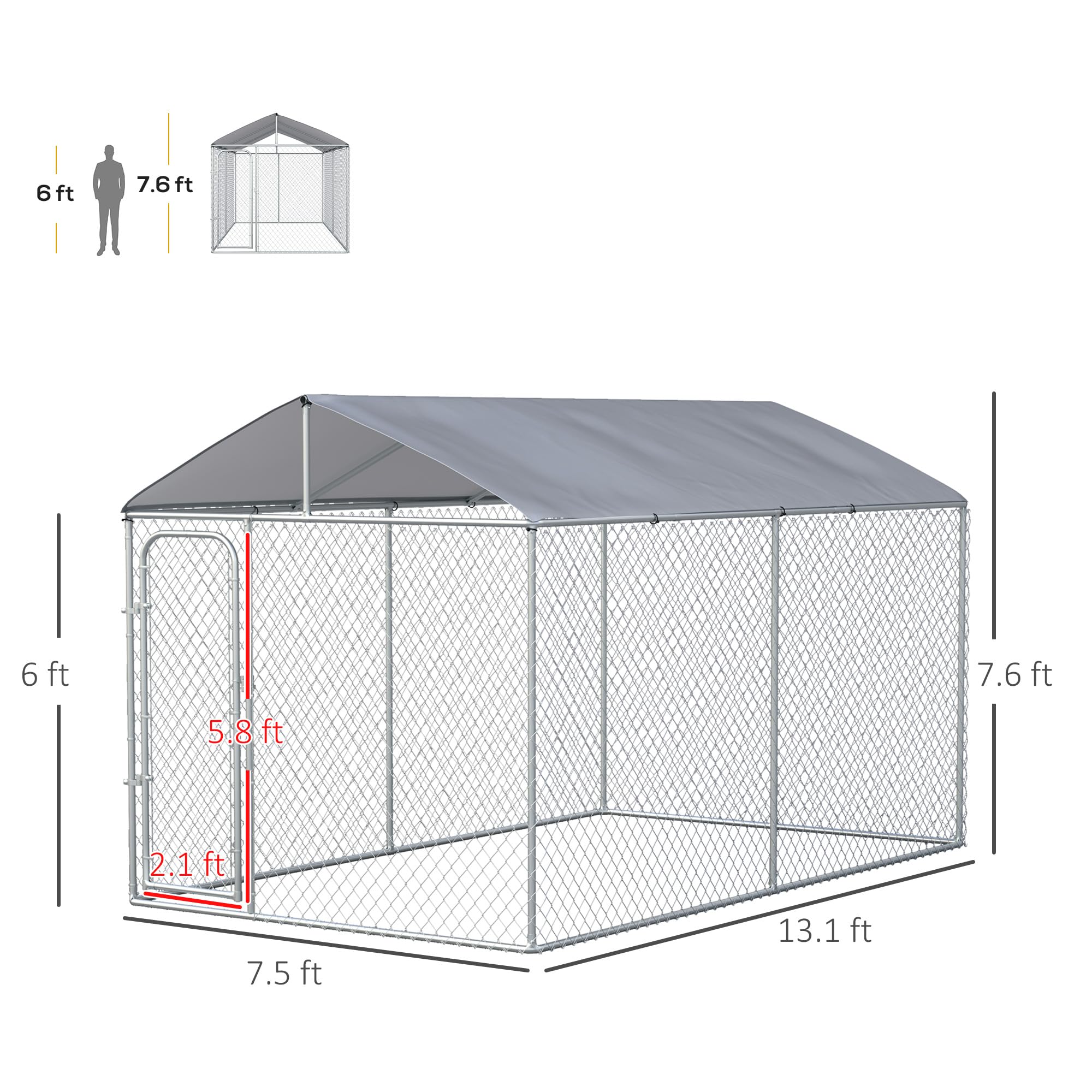 PawHut Large Dog Kennel Outside, Heavy Duty Dog Cage with Waterproof Cover, Outdoor Fence Dog Run with Galvanized Chain Link, Secure Lock, 13' x 7.5' x 7.5'