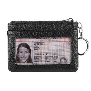 women genuine leather keychain zipper change wallet small mini pocket size coin purse, black