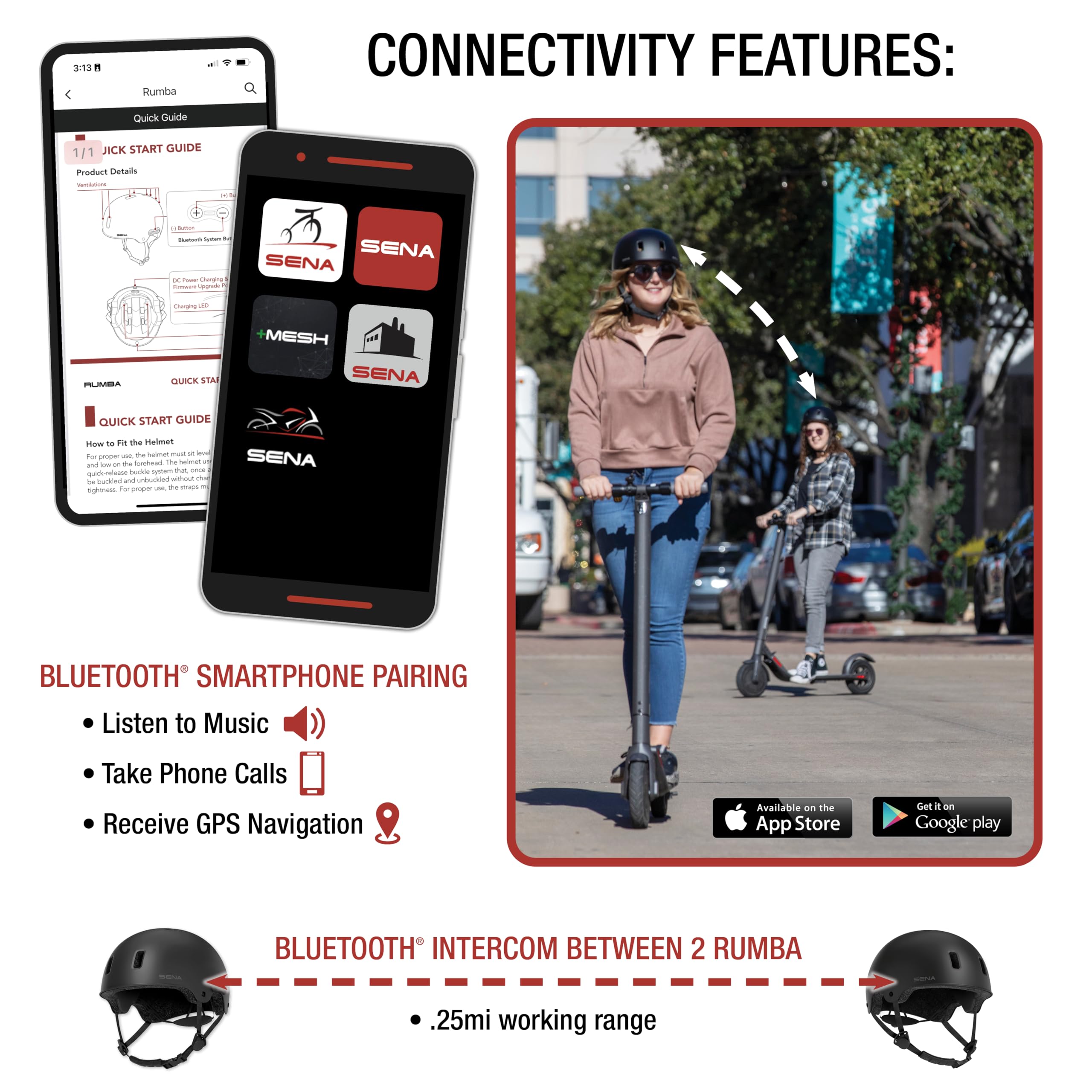 Sena Rumba Bluetooth Smart Helmet for BMX, Skating, Skateboarding, Scooter, and E-Bike (Matte Black, Large)