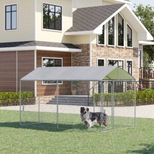 PawHut Large Dog Kennel Outside, Heavy Duty Dog Cage with Waterproof Cover, Outdoor Fence Dog Run with Galvanized Chain Link, Secure Lock, 13' x 7.5' x 7.5'