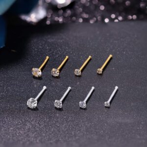 Sllaiss 8Pcs 20G Sterling Silver Nose Studs Ring for Women Man Gold Nose Piercing Body Jewelry Gifts (SILVER & GOLD)